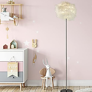 LIGHTACCENTS Feather Floor Lamp with White Shade - Standing Lamp for Living Room - Floor Lamp for Bedroom - Glam Floor Lamp - Chic Feather Shade Polished Chrome Metal Finish