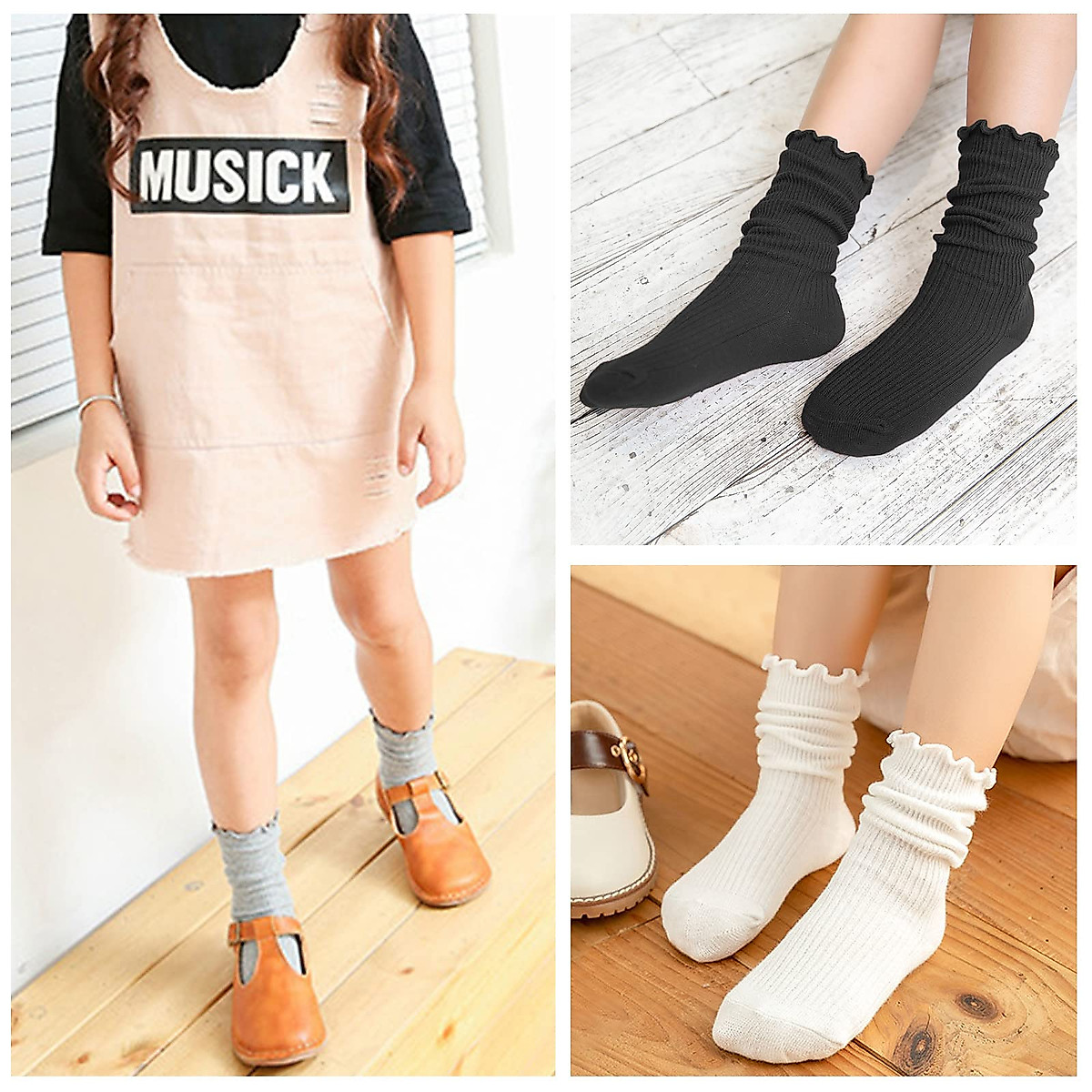 KEREDA Ruffle Socks for Girls School Uniform Slouch Crew Socks Kids 6 Pairs L Black White Grey