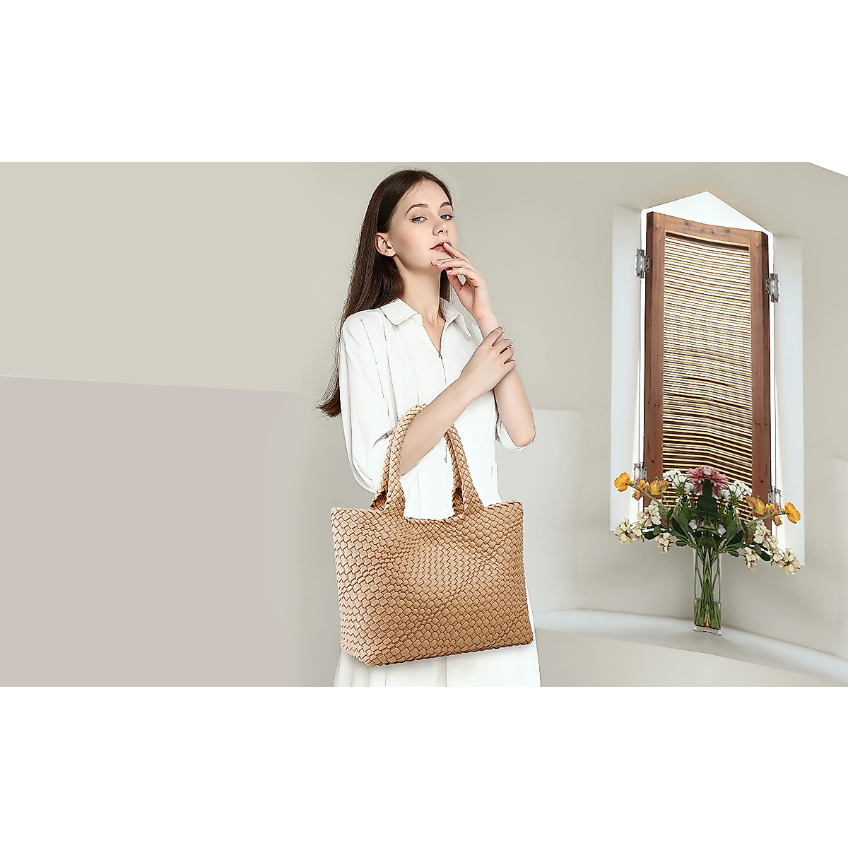 Woven Bag for Women, Fashion Top Handle Shoulder Bag Vegan Leather Shopper Bag Large Travel Tote Bag (Apricot)