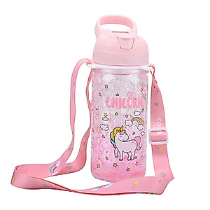 XinHuiGY Unicorn Water Bottles for Girls,Cute Cup with Straw and Safety Lock, Outdoor Indoor Pink Water Bottle with shoulder strap,400ML/13.5oz Kawaii water bottle for girl boy unicorn lover