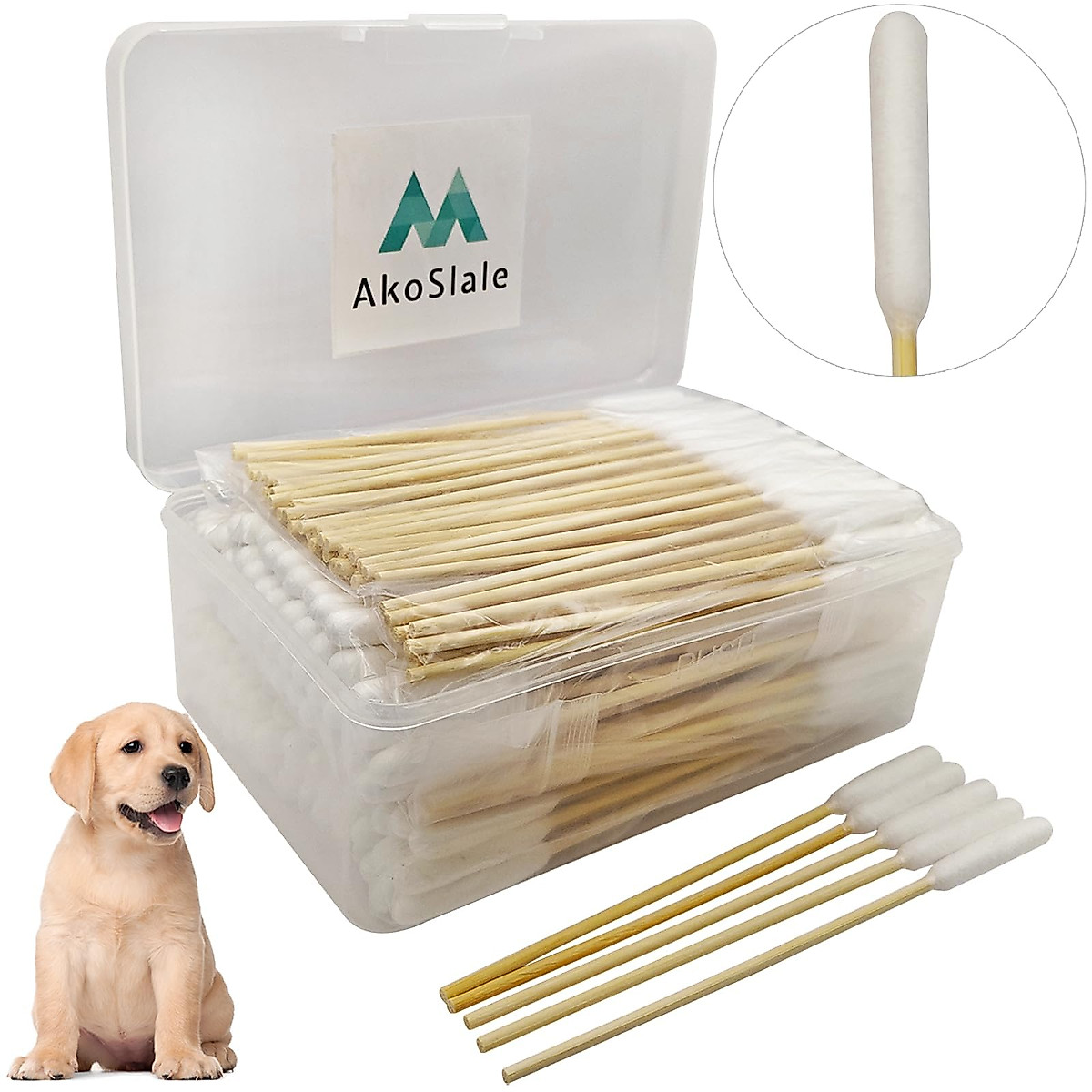 AkoSlale Dog Ear Cleaner Q Tips, 200pcs, 6 Inch Long Cotton Swabs for Dogs - Biodegradable Ear Cleaning Swabs for Pet Ear Infection Treatment and Wax Removal