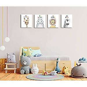 Quzenu Nursery Wall Decor Safari Animal Pictures Kids Inspirational Wall Art for Baby Room Decor Cute Animals Canvas Prints Jungle Room Decor