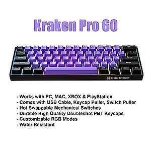 Kraken Pro 60 Lotus Edition 60% Purple Mechanical Keyboard and Matching Purple XXL Gaming Mouse PAD (Purple Gaming Setup)
