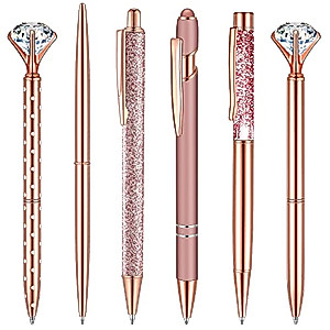 6 Pcs Rose Gold Ballpoint Pen Set Include Crystal Diamond Pen Slim Metal Ballpoint Pens Black Ink Stylus Pen Liquid Sand Pen Retractable Glitter Pen for Office School Gifts Wedding Party Supplies