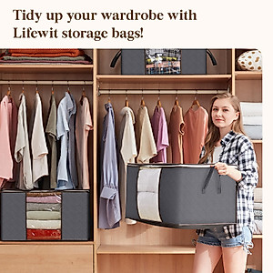 Lifewit Large Capacity Clothes Storage Bag Organizer with Reinforced Handle Thick Fabric for Comforters, Blankets, Bedding, Foldable with Sturdy Zipper, Clear Window, 3 Pack, 90L, Grey