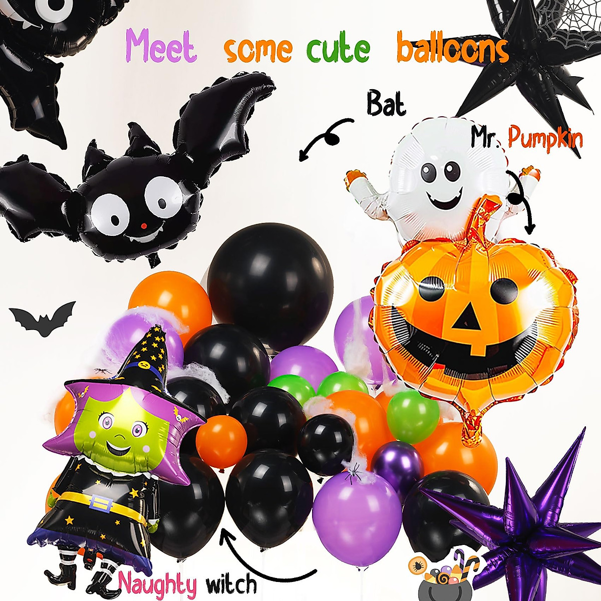 Halloween Balloon Garland Arch Kit 170pcs Orange and Black Purple green balloons with Spooky Spider Bat Pumpkin foil Balloons for fall Halloween Party Decorations