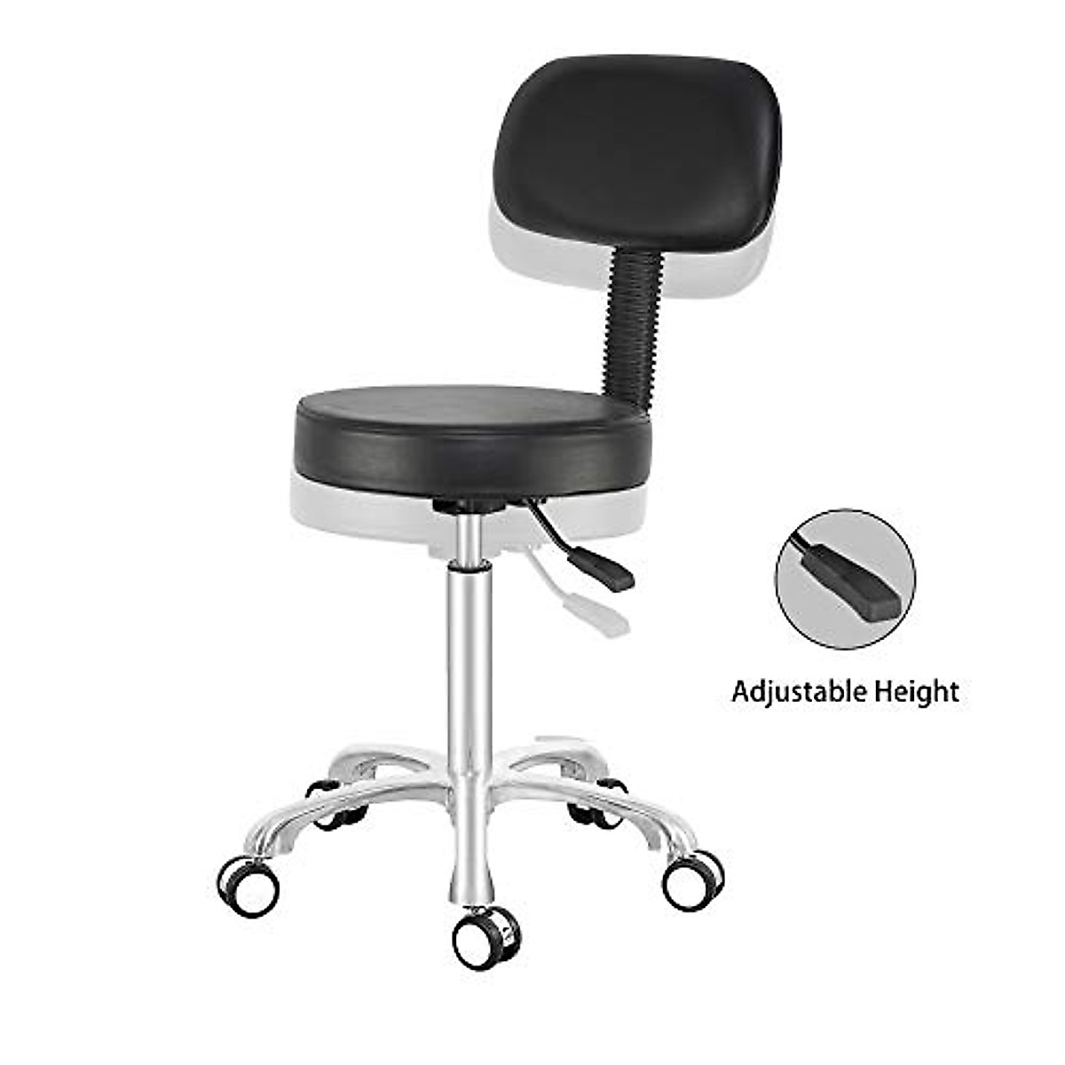 Antlu Rolling Stool Drafting Chair for Garage Shop Workbench Kitchen Medical Salon,Swivel Adjustable Stool with Wheels and Back Support (Black, Without Foot Ring)
