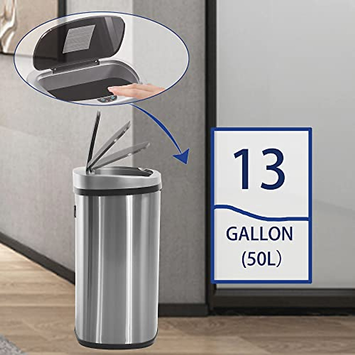 13 Gallon / 50 Liter Trash Can Automatic Garbage Can with Lid for Kitchen Bathroom Bedroom Home or Office High-Capacity Brushed Stainless Steel Touch Free Waste Bin