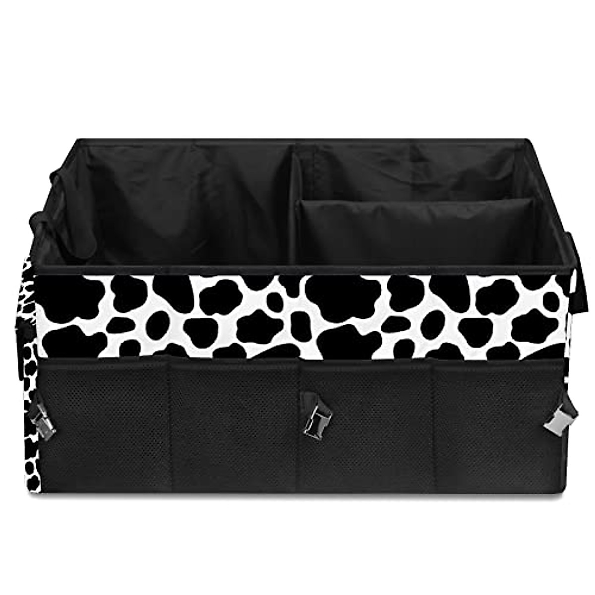 GACTIVITY Black And White Cow Print Car Trunk Organizer,Collapsible Cargo Storage Tote Bag,Non Slip,3 Divider Compartments, Automotive Interior Accessories for Auto SUV Truck Vehicle Picnic Camping