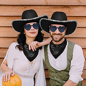 18 Pieces Cowboy Hat with Heart Sunglasses and Paisley Bandanna Set for Women Teens (Black, Glitter Style)
