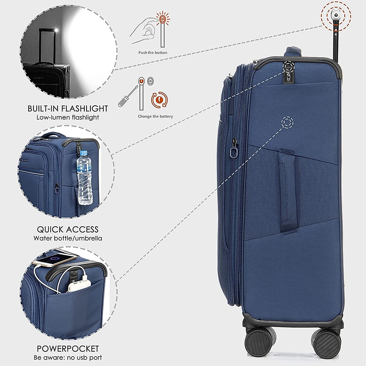 Verage Toledo 3 Pieces Luggage Sets, Softside Expandable Spinner Wheel Suitcase with Flashlight, Navy, 3-Piece Set(20/24/29)