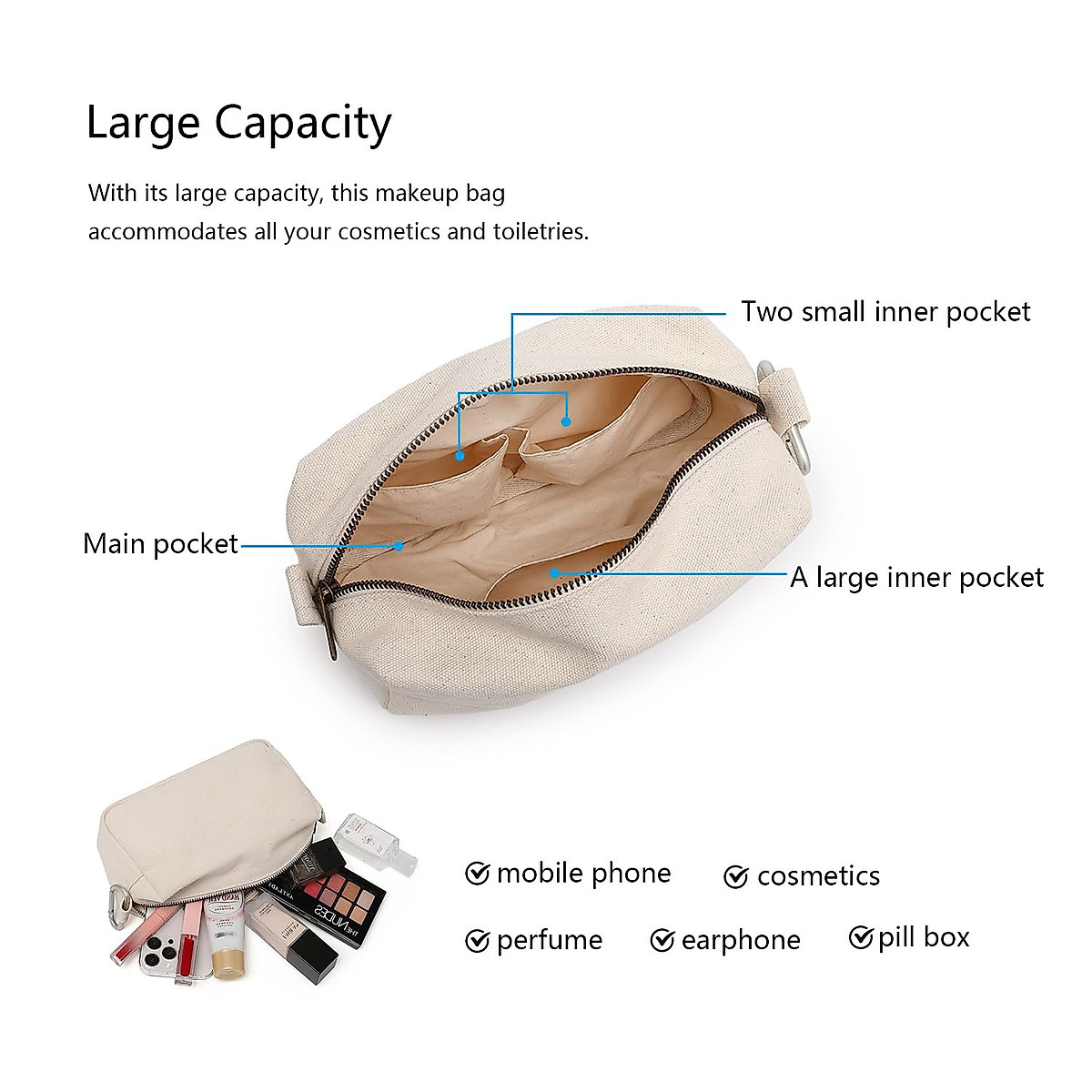 YONBEN Organizer Bag -Lightweight Cosmetic Bag with Ring Clasp, Perfect Travel Makeup Bag for Women,nylon Stand Up Design (Beige/Canvas)