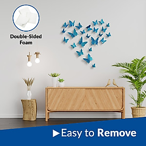 DecalMasters 24pcs Blue Glitter 3D Butterfly Wall Decals - 3 Sizes Butterflies Decor for Wall Removable Mural Stickers Home, Party, Cake and Room Decoration, Bedroom Decor DIY Gift (Blue Glitter, 24)