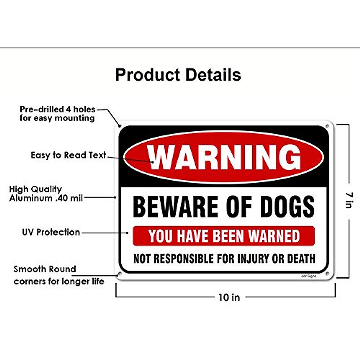 JW Signs Beware of Dog Sign (2 Pack) 10”x7” Reflective Metal Signs 0.40 Aluminum Sign Pre-Drilled Holes For Easy Mounting Indoor or Outdoor Use for Fence Door or Gate