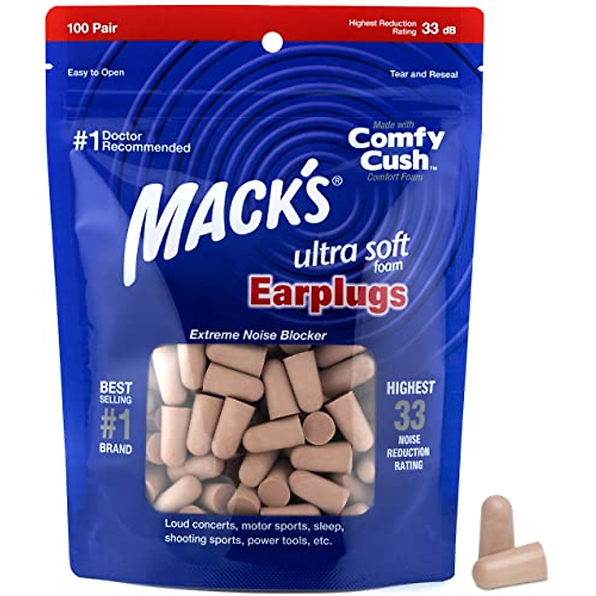 Mack's Ultra Soft Foam Earplugs, 100 Pair Bag - 33dB Highest NRR, Comfortable Ear Plugs for Sleeping, Snoring, Travel, Concerts, Studying and Loud Noise | Made in USA