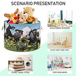 Kigai Black White Cows Round Storage Basket, Toy Basket Bin with Cotton Rope Handle, Laundry Basket Hamper, Clothes Organizer 20 x 14 In
