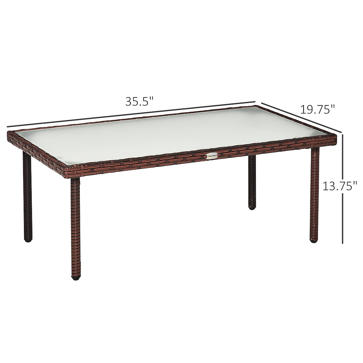 Outsunny Patio Wicker Dining Table, Outdoor Rattan Coffee Table with Glass Top for Garden, Patio, or Backyard, Deep Coffee