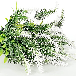 TURNMEON 10 Bundles Artificial Lavender Flowers Outdoor UV Resistant Fake Flowers Faux Plants Plastic Shrubs Outside Garden Porch Window Box Spring Summer Decor(White)