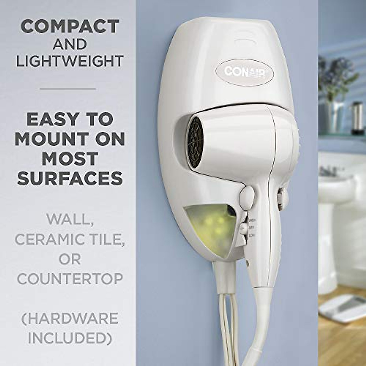 Conair Wall-Mount Hair Dryer, 1600W Hair Dryer with LED Night Light, Wall Mount Blow Dryer