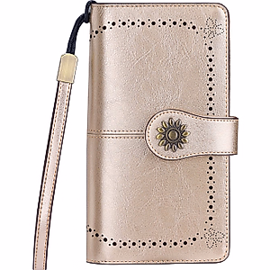 Lavemi Womens Large Capacity Genuine Leather RFID Blocking Wallets Wristlet Clutch Card Holder(Black)