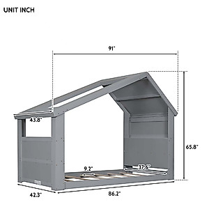 DUNTRKDU Twin Size Wood House Floor Bed Frame with LED Light, Modern Multifunction House Floor Bed with Roof Window and Wood Slats Support for Bedroom Girls Boys, Easy Assemble (Gray)