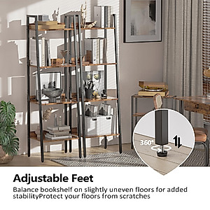 Bookshelf, Ladder Shelf with Steel Frame, 4-Tier Industrial Bookcase, Narrow Tiered Shelf for Small Space, Corner Shelf for Living Room, Home Office, Kitchen, Bedroom, Bathroom（Rustic Brown & Black）
