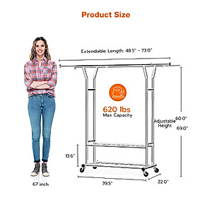 XBurmo Heavy Duty Clothing Rack - Portable Rolling Clothes Rack with Wheels, Adjustable Garment Racks for Hanging Clothes, Free Standing Metal Clothing Rack for Home, Commercial, Laundry Room, Silver