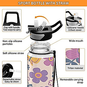 Wusikd Flowers Butterflies Water Bottle Tritan BPA-Free Drink and Straw Leakproof Motivational Ladybug Drinking Water Bottles with Carrying Strap for Office, Gym, Outdoor Sports