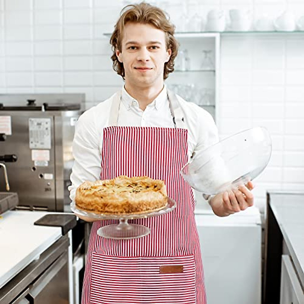 Handepo 4 Pieces Cooking Kitchen Aprons Unisex Soft Chef Kitchen Aprons with Pockets Cotton Polyester Blend Adjustable Bib Aprons for Women Men, Crafting Bbq, Black, Blue, Pink, Grey Stripes