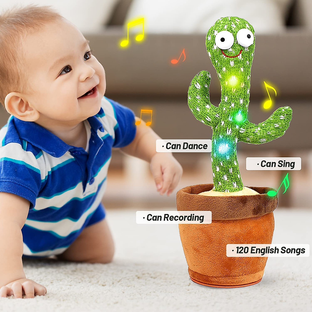Dancing Cactus Toys for Baby Boys and Girls, Talking Plush Dancing Cactus Toy Electronic Plush Toy Singing, Record Repeating What You Say with 120 English Songs and LED Lighting for Home Decor Toys