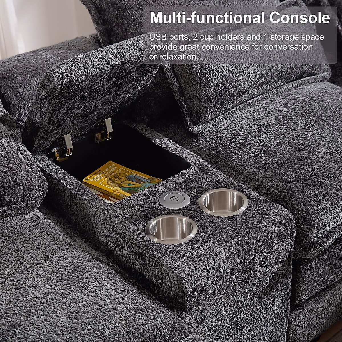 KIVENJAJA 123” Modular Sectional Couch with Console, Cup Holders and USB Ports, Modern U-Shaped Cloud Sofa w/Double Chaise & Deep Seat for Living Room, Chenille, Grey