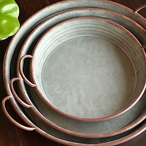 Farmers Deep-Dish Round Trays, Set of 3, Rustic Vintage Style, Galvanized Zinc Metal, 18, 15.75, and 12.25 Inches Diameter