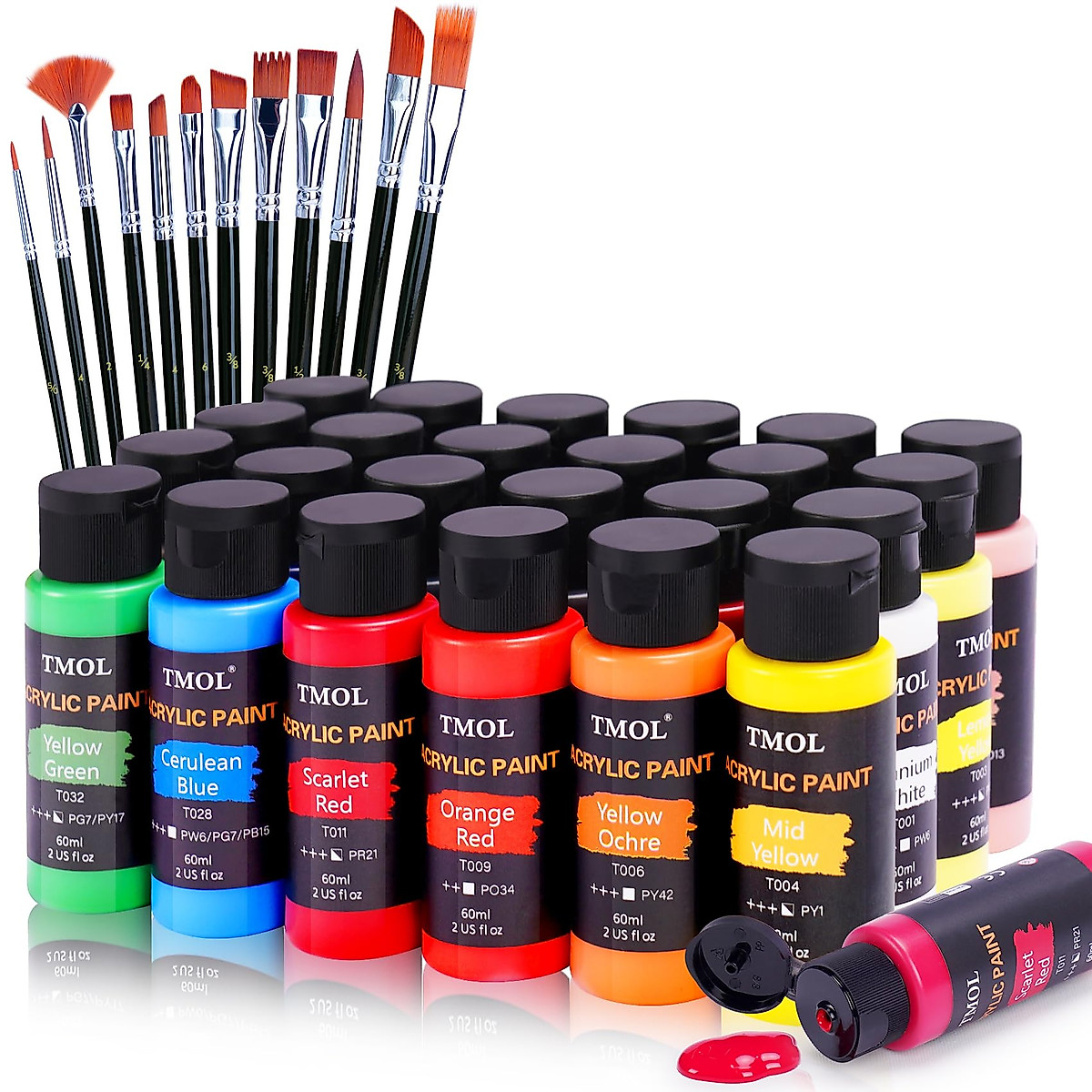 Acrylic Paint Set, 24 Colors (2 oz/Bottle) with 12 Art Brushes, Art Supplies for Painting Canvas, Wood, Ceramic & Fabric, Rich Pigments Lasting Quality for Beginners, Students & Professional Artist