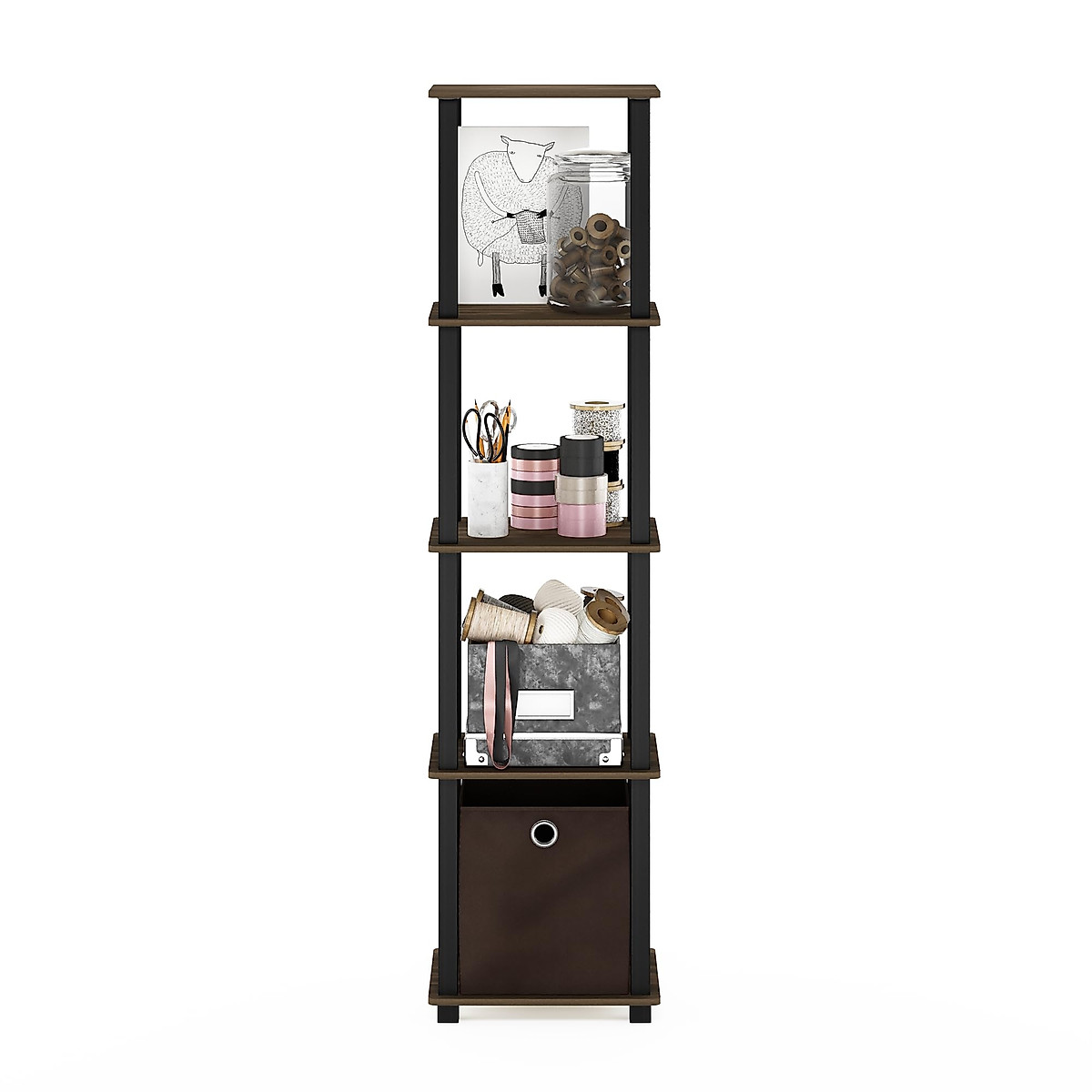 FURINNO TNT No Tools 5-Tier Display Decorative Shelf, Columbia Walnut/Black/Dark Brown