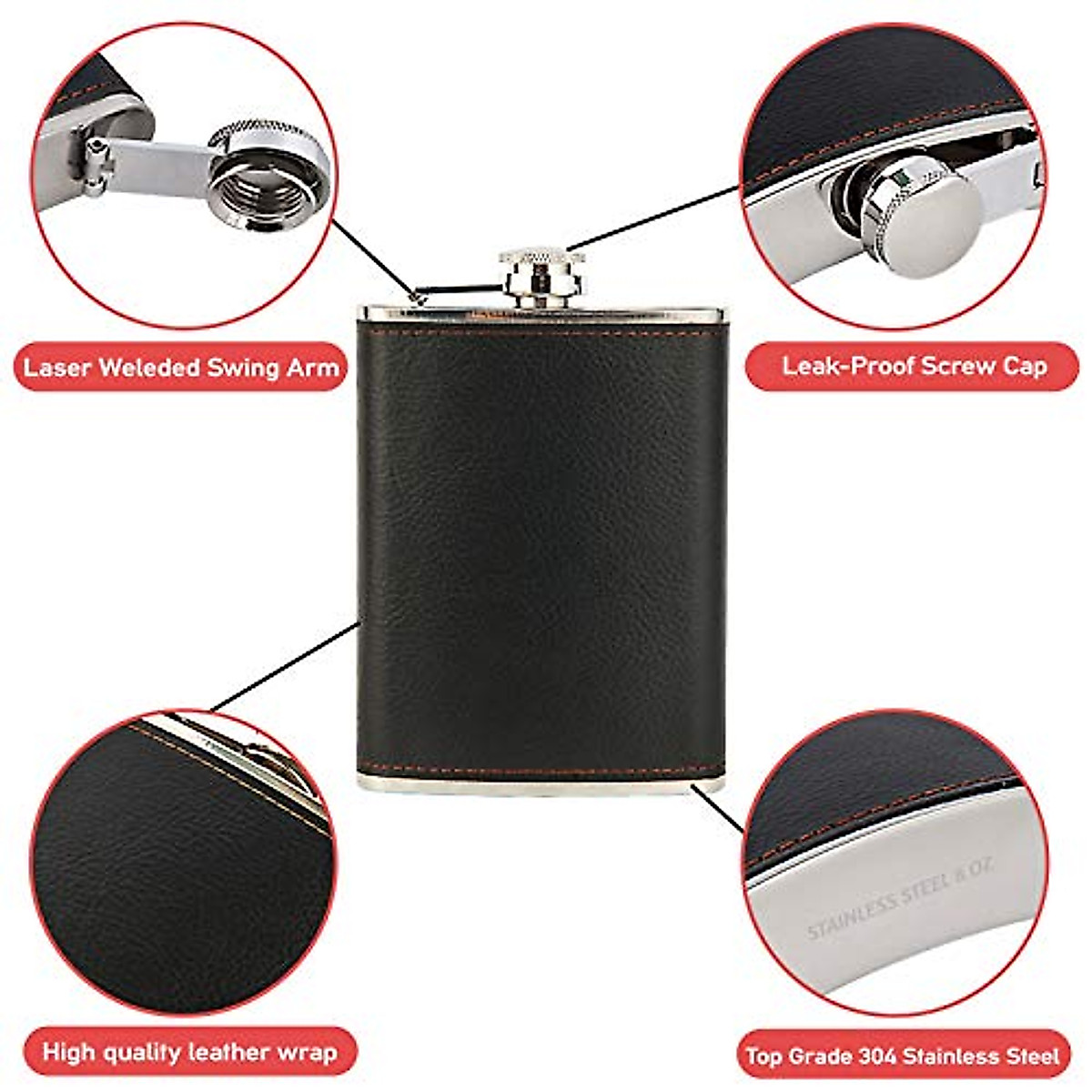 Hip Flask Gift Set, Hip Flasks for Liquor for Men with Black Leather Cover, 8 Oz Hip Flask Set, 18/8 Stainless Steel Hip Flasks for Liquor with 2 Cups & Funnel, Flasks for Liquor for Men Gift Box