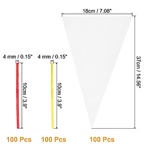 uxcell 200 Pcs Cone Cello Bags, Clear Flat Plastic Cello Treat Bag with Gold/Red Twist Ties Candy Bags Cookie Bags for Christmas Snacks Candy Cookie Sweet