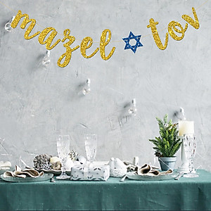 INNORU Mazel Tov Banner, Congratulations Party Decorations, Bar Mitzvah, Birthday, Wedding, Jewish Party Decorations Gold Glitter
