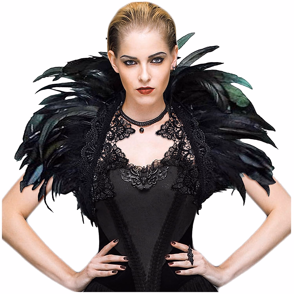 L'VOW Black Feather Shrug Cape Shoulder Wrap Lace Collar Halloween Costumes for Women (Black -002)