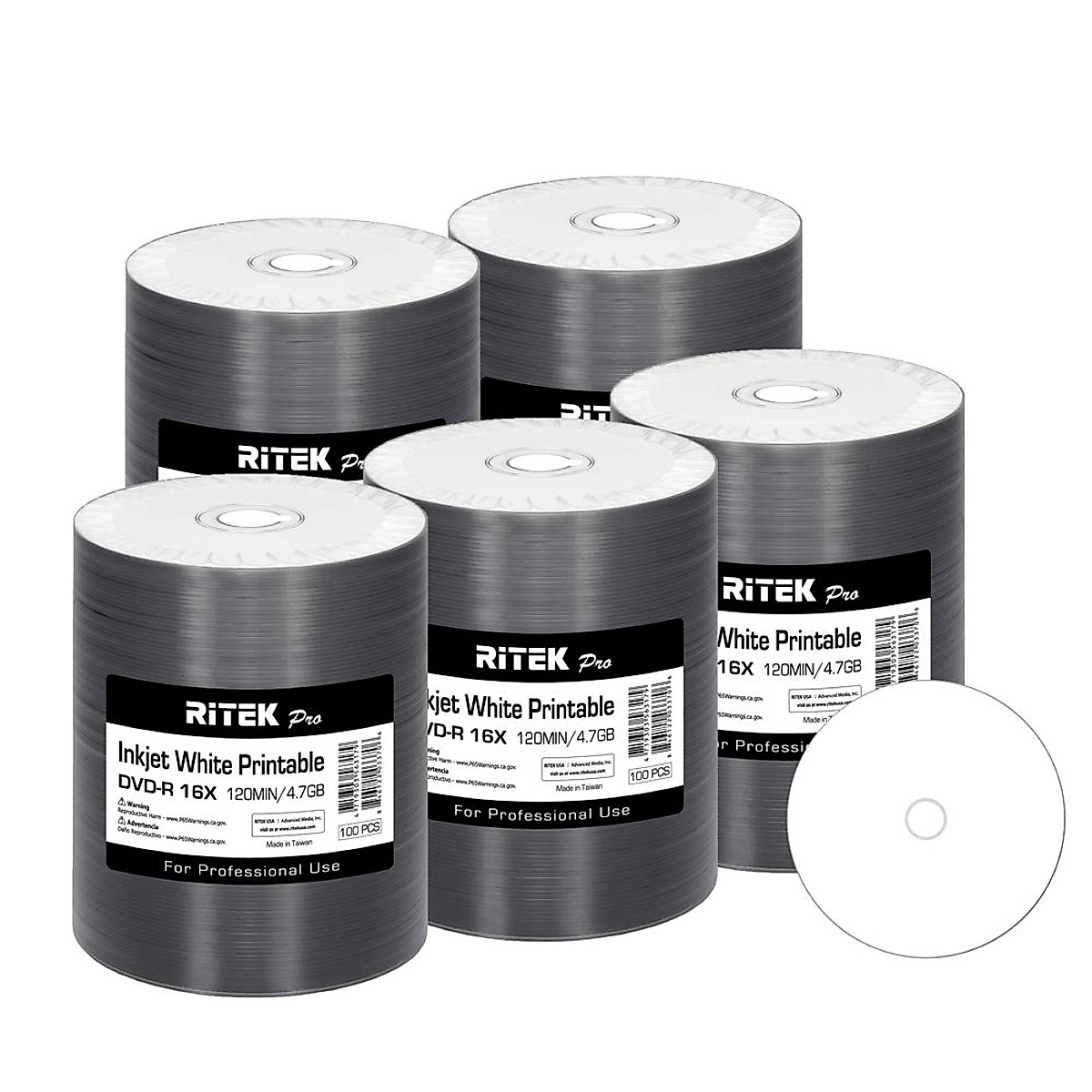 500 Pack Ritek Pro (Professional Grade) DVD-R 16X 4.7GB AZO Dye (MID MXL RG04) White Inkjet Hub Printable Blank Media Recordable Disc