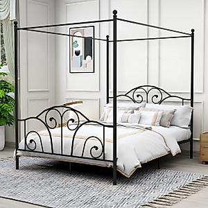 AUFANK Queen Size Four-Poster Metal Canopy Bed Frame with Headboard and Footboard Sturdy Slatted Structure No Box Spring Needed Black