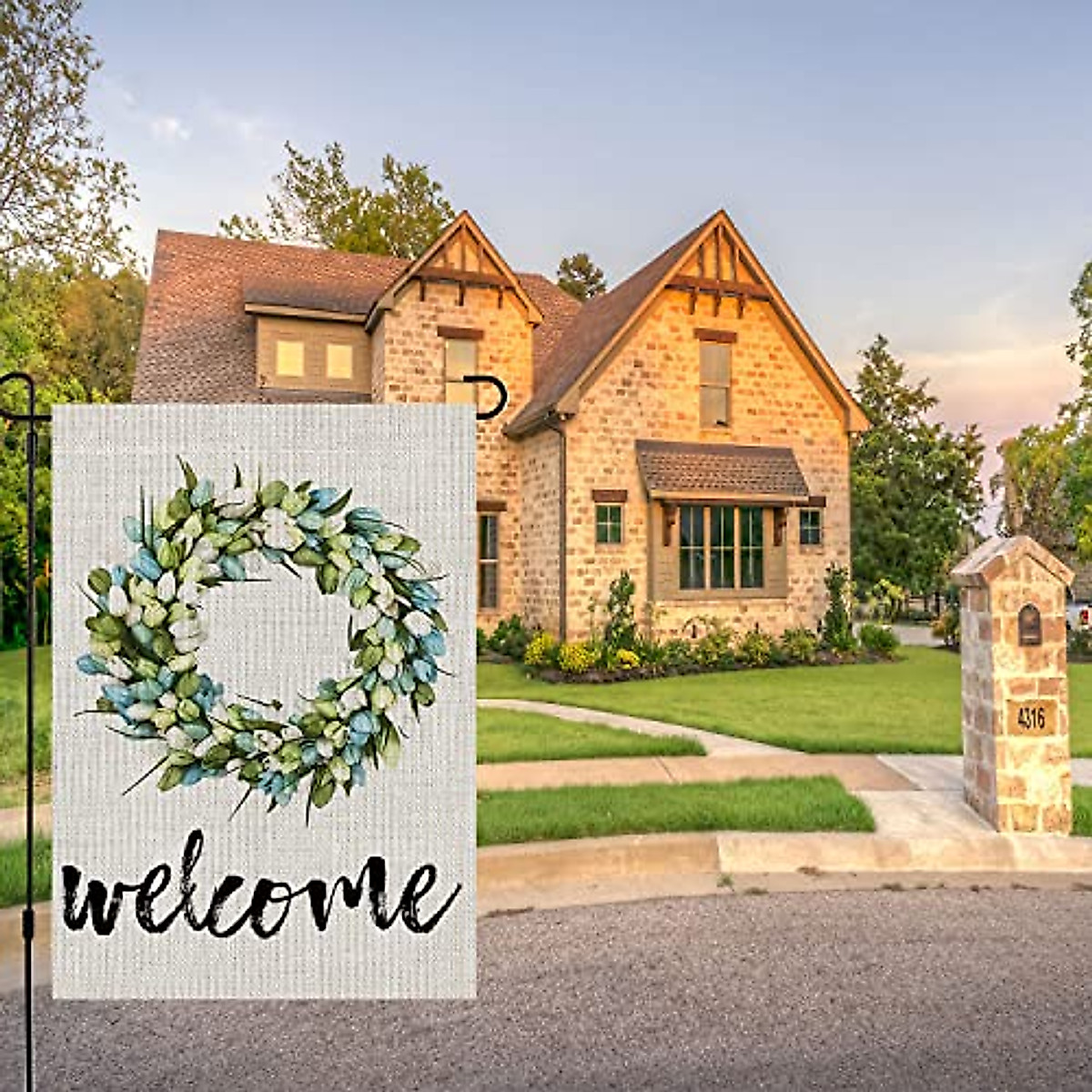 Welcome Spring Garden Flag Tulips Wreath 12 x 18 Inch Vertical Double Sized for Seasonal Summer Mothers Day Easter Yard Outdoor Decoration