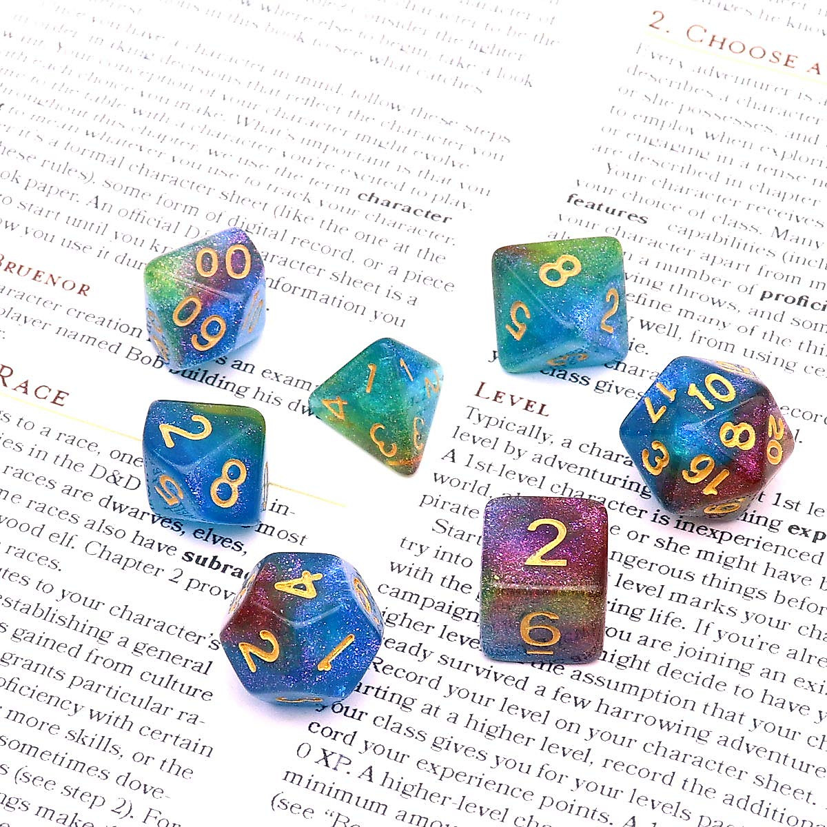 Haxtec Iridescent Glitter DND Dice Blue Green Purple Color Changing Polyhedral D&D Dice for RPGs-Mermaid