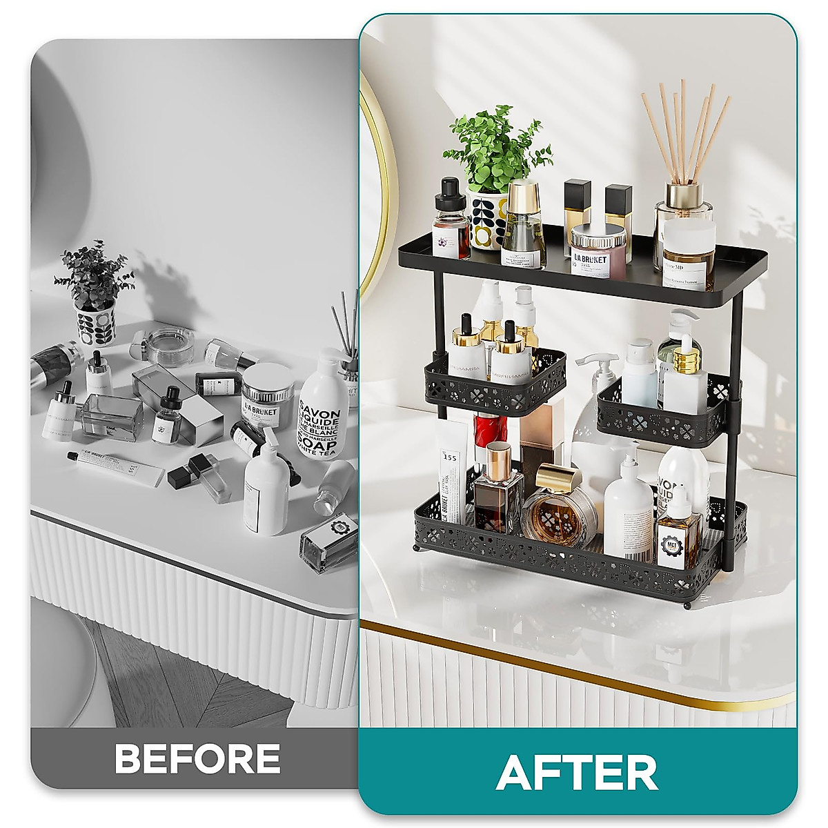 3-Tier Bathroom Counter Organizer, Upgrade Large Vanity Countertop Organizer with 360 Rotating Basket, Bathroom Sink Standing Perfume Cosmetic Makeup Storage Shelf, Kitchen Spice Rack (Black)