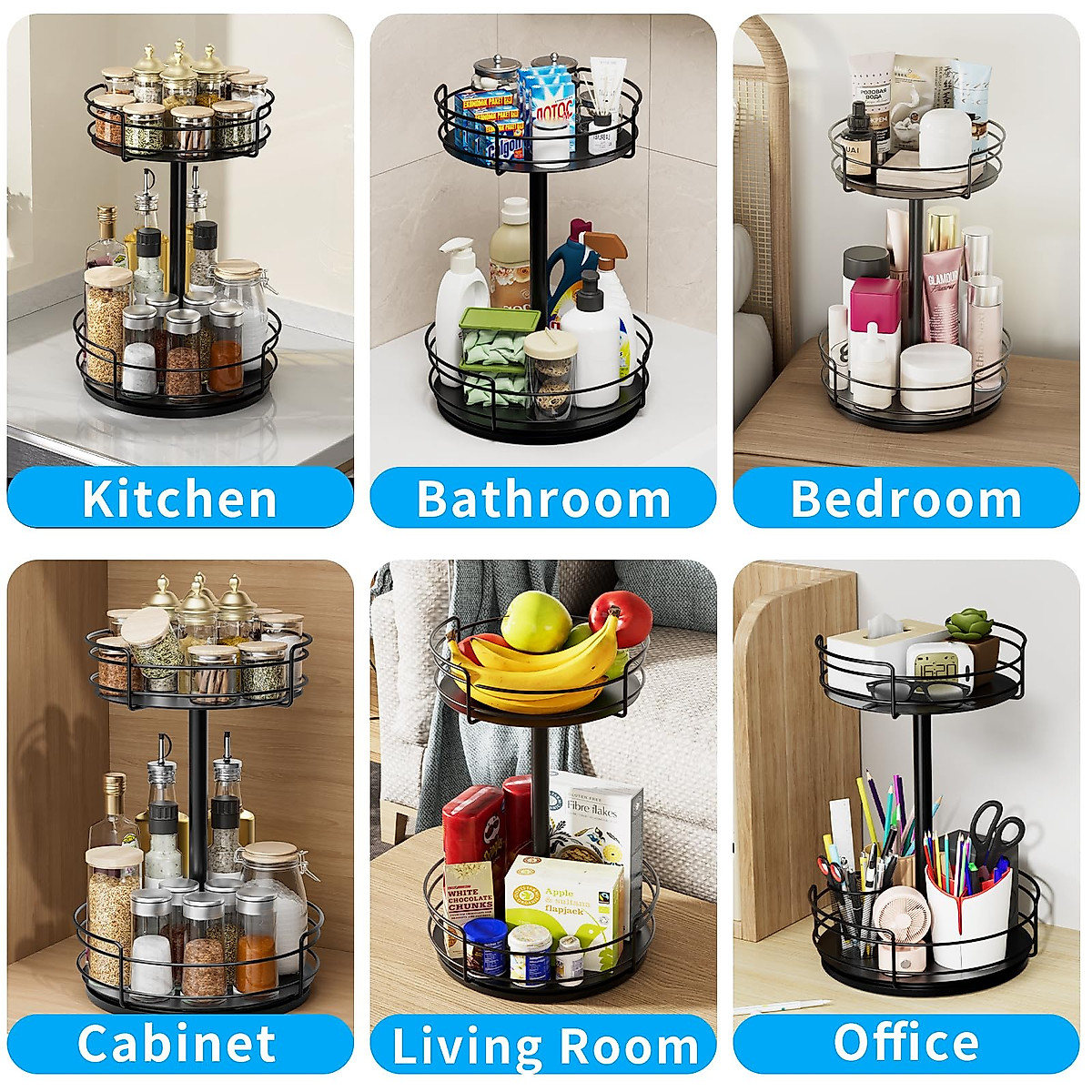 Lazy Susan Organizer Metal Steel Turntable, BOIVSHI 2 Tier Lazy Susan Spice Rack Organizer for Kitchen Cabinet, Table, Pantry, Bathroom, 10 Inch Black