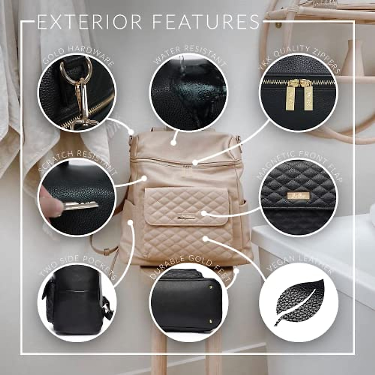 Monaco Large Diaper Bag Backpack by Luli Bebe - Designer Modern Vegan Leather Stylish Baby Backpack Diaper Bag for Mom, Multipurpose, Roomy, with Changing Pad (Pearl White)