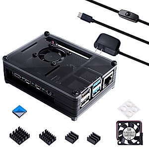 Smraza Case for Raspberry Pi 4, Acrylic Pi 4B Case with Quiet Cooling Fan, 4PCS Heatsinks, 5V 3A USB-C Power Supply for Raspberry Pi 4 Model B 8GB/4GB/2GB - Black