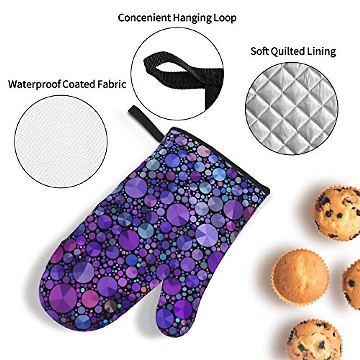 Purple Circles Oven Mitts and Pot Holders Set Heat Resistant Oven Gloves Flexible for Kitchen Cooking Baking Grilling Microwave