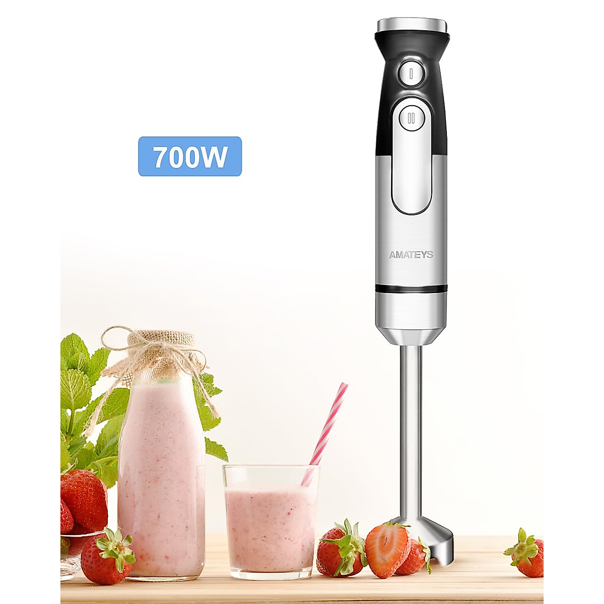 Amateys Immersion Blender Handheld,700W Hand Mixer Infinitely Variable Speeds,Multi-function Stainless Steel Stick Electric Kitchen Smoothie Blender with Detachable Whisk, Milk Frother,for Soup Puree