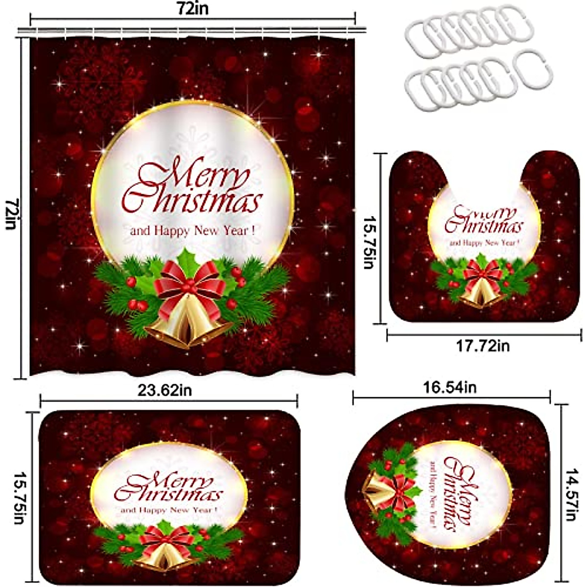 CALARVUK 4PC Merry Christmas Bathroom Sets with Shower Curtain and Rugs, Golden Christmas Bells Shower Curtain Set with Non-Slip Rugs, Toilet Lid Cover and Bath Mat, Holiday Bathroom Decoration Set