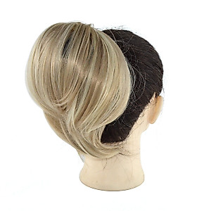 AQINBEL Messy Bun Hair Piece,Straight Hair Buns Hair Piece Short Hair Ponytail Extensions Tousled Updo Bun Hair Pieces with Elastic Rubber Band for Women (Light Ash Brown & Bleach Blonde)